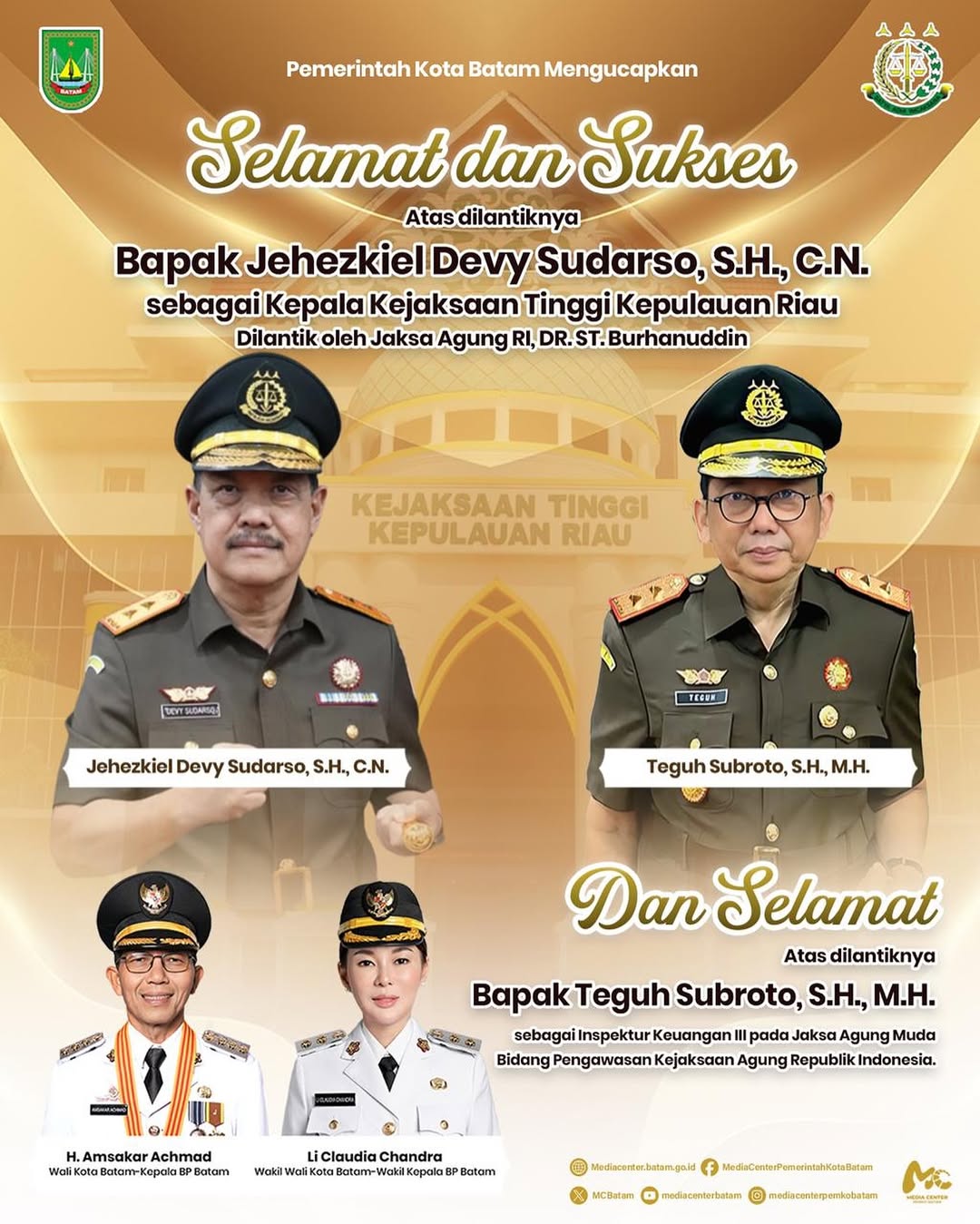 Pemerintah Kota Batam mengucapkan selamat dan sukses atas pelantikan Bapak Jehezkiel Devy ...